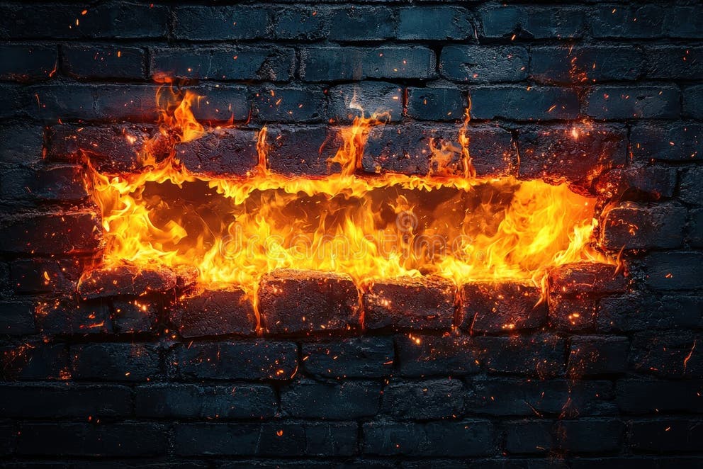 Intense Flames Erupting Against a Textured Brick Wall Creating a ...