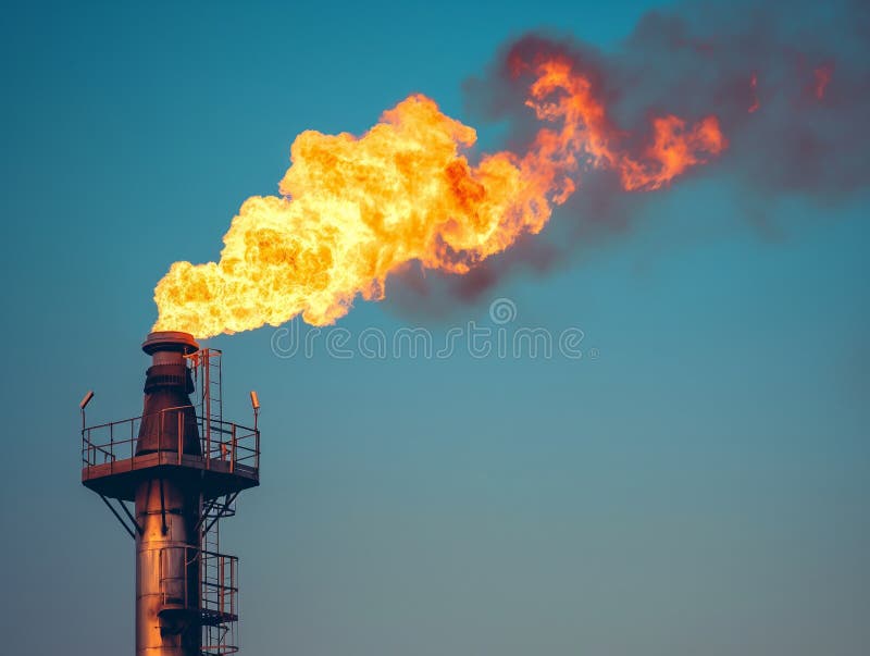 Industrial Flare Stack with Fire Against Twilight Sky Stock Photo ...
