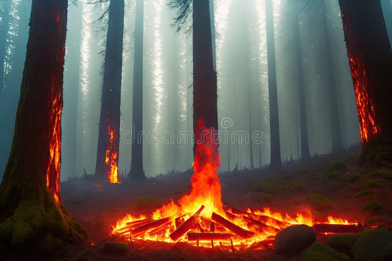 Intense Flames from a Massive Forest Fire, Generative Ai. Flames Light ...