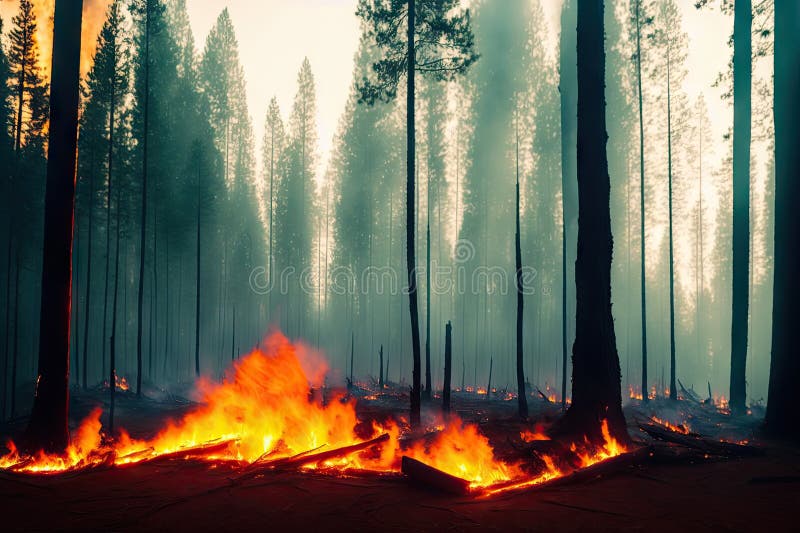 Intense Flames from a Massive Forest Fire, Generative Ai. Flames Light ...
