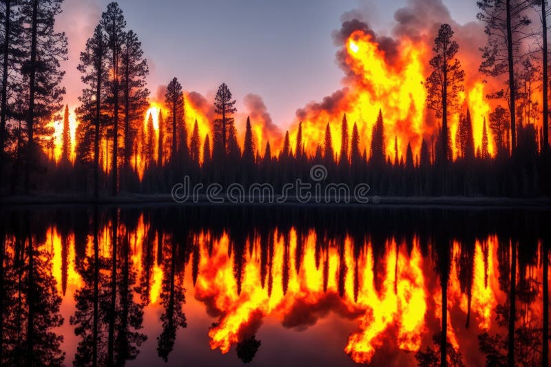Intense Flames from a Massive Forest Fire, Generative Ai. Flames Light ...