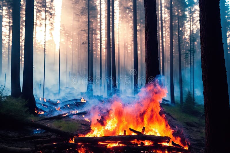 Intense Flames from a Massive Forest Fire, Generative Ai. Flames Light ...