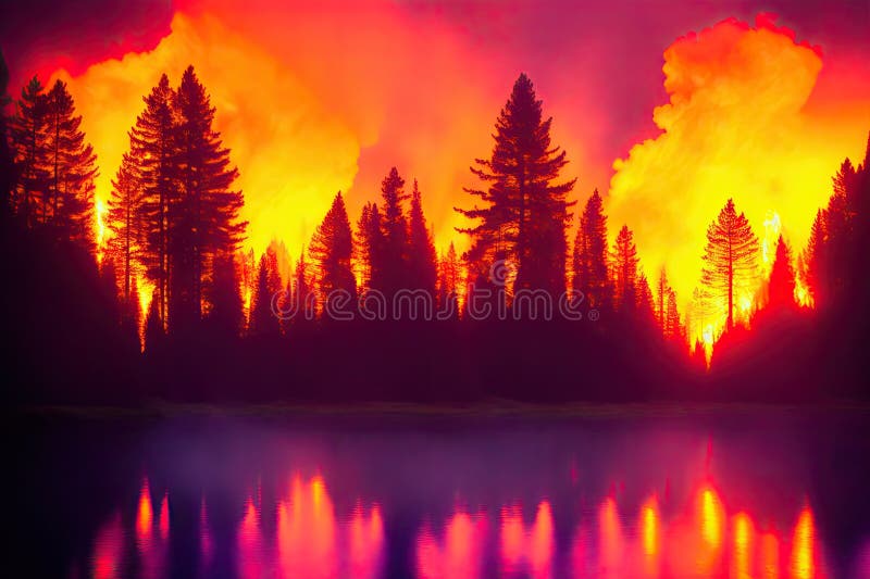 Intense Flames from a Massive Forest Fire, Generative Ai. Flames Light ...