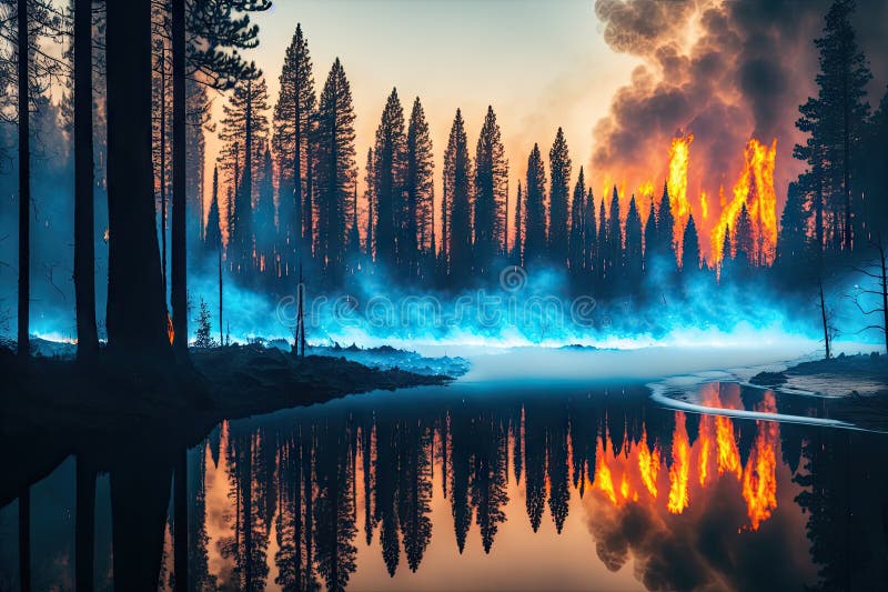 Intense Flames from a Massive Forest Fire, Generative Ai. Flames Light ...