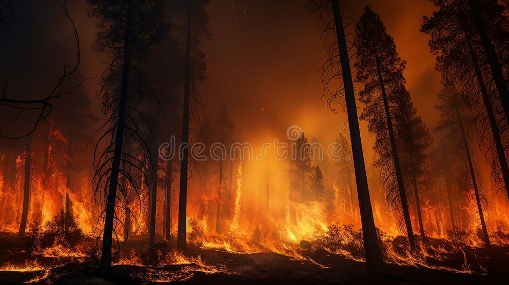 Intense Flames from a Massive Forest Fire. Flames Light Up the Night ...