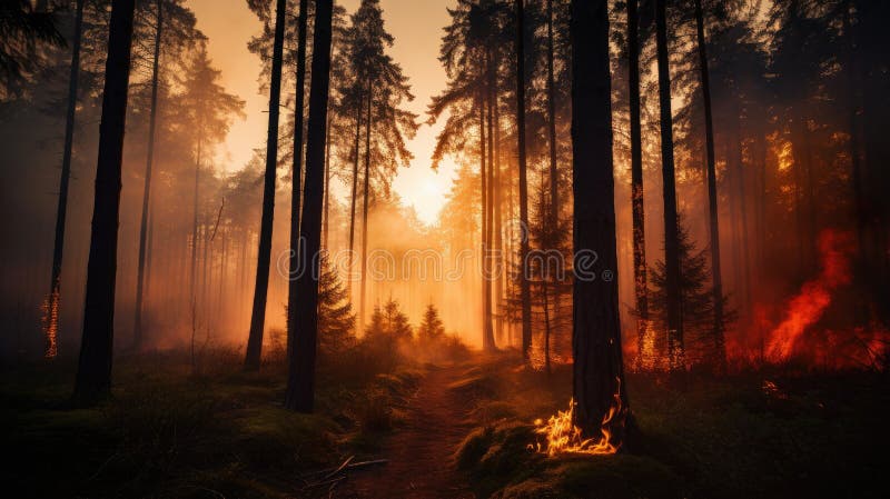 Intense Flames from a Massive Forest Fire. Flames Light Up the Night As ...