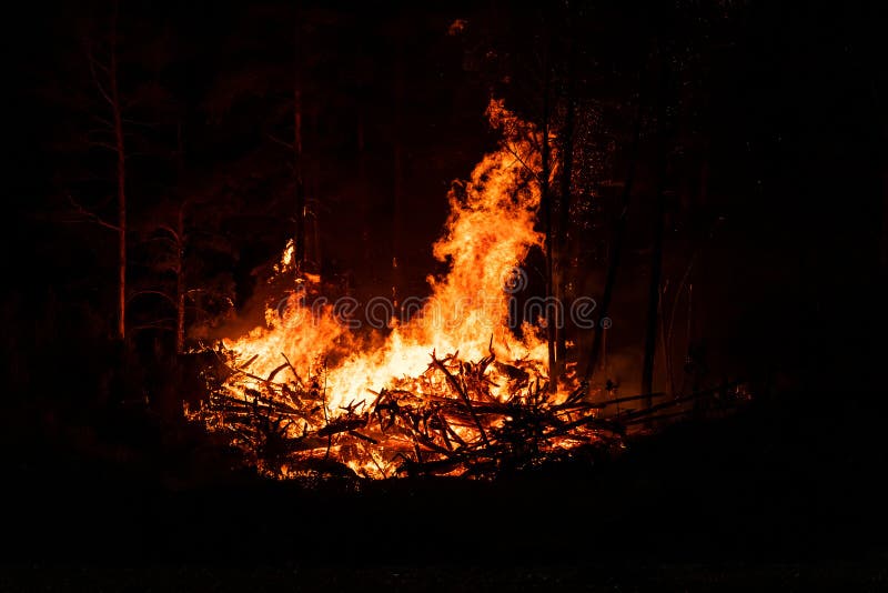 Intense Flames from a Massive Forest Fire at Night Stock Image - Image ...