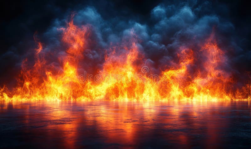 Intense Flames and Smoke Creating Dramatic Fire Scene with Reflective Surface Stock Photo ...