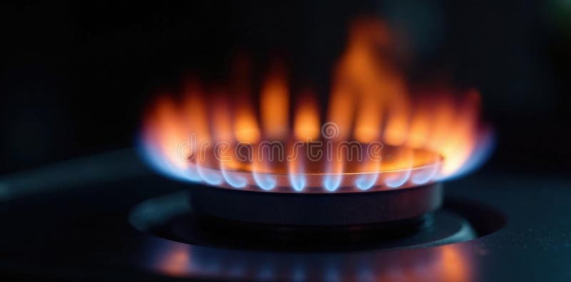 Intense Flickering Gas Stove Fire Against Black Background , Background ...