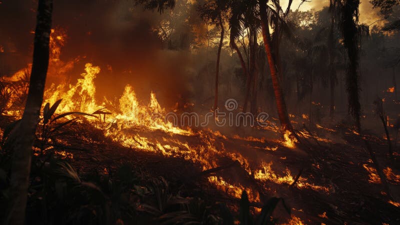 Intense Forest Fire Blaze at Sunset - Burning Wildfire in Dense ...