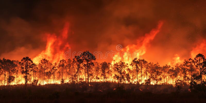 Intense Forest Fire with Bright Flames and Dense Smoke Consuming a ...