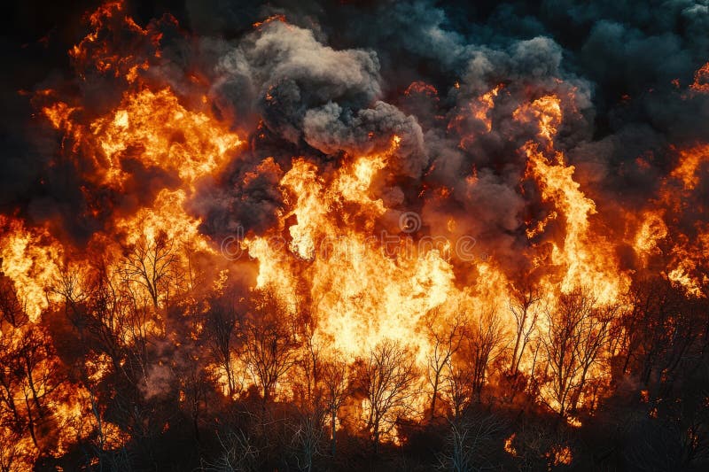 Intense Forest Fire with Dense Smoke and Flames Engulfing Trees in ...