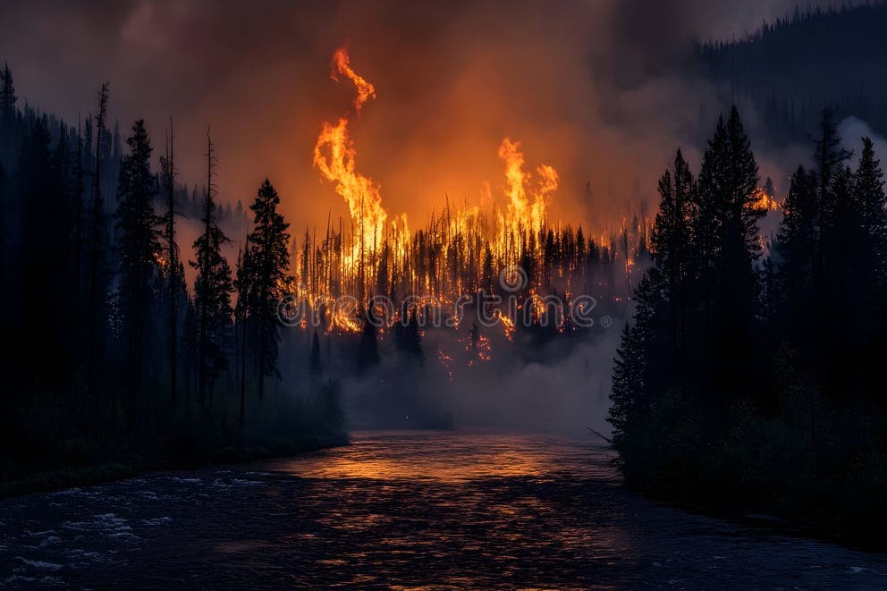 Intense Forest Fire at Dusk with Flames Illuminating River and Pine ...