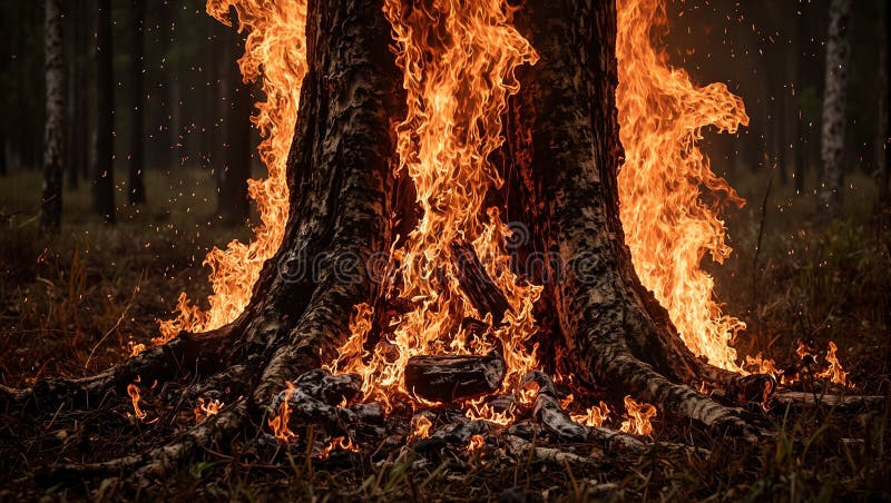 Intense Forest Fire Engulfing a Large Tree Flames Spiral Up Trunk ...