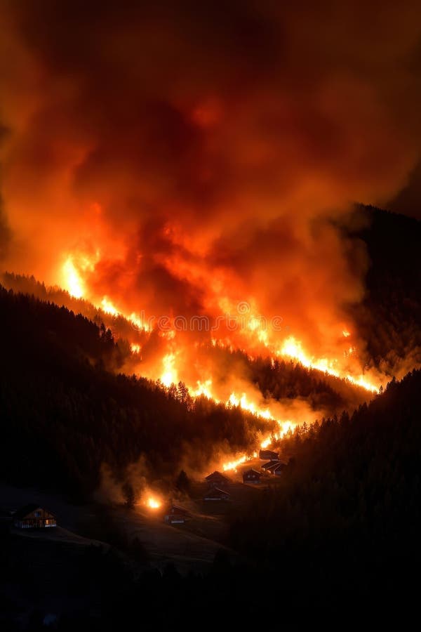 Intense Forest Fire Engulfing Mountain Village at Night Stock ...