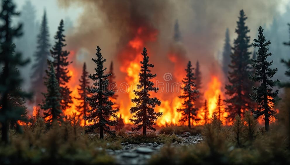 Intense Forest Fire Engulfs Trees with Dense Smoke, Roaring Flames ...