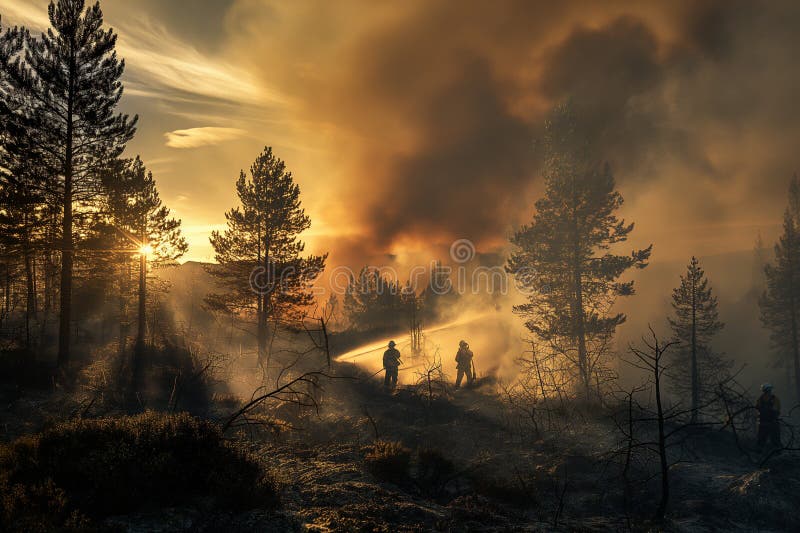 Intense Forest Fire with Firefighters Battling Flames Stock ...