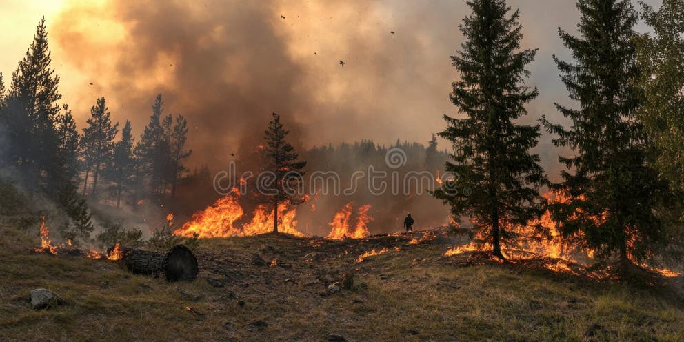 Intense Forest Fire with Flames and Smoke in Pine Trees Wilderness ...