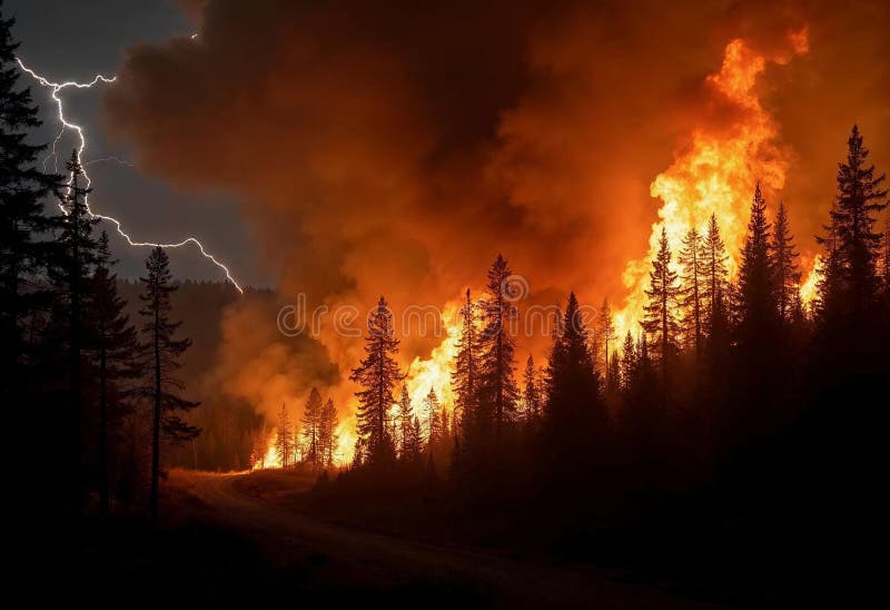 Intense Forest Fire Illuminated by Lightning in a Dramatic Midnight Sky ...