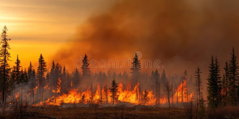Intense Forest Fire in Pine Tree Landscape with Heavy Smoke and Bright ...