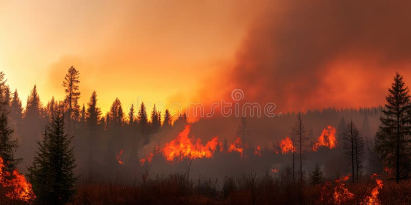 Intense Forest Fire in Pine Tree Landscape with Heavy Smoke and Bright ...