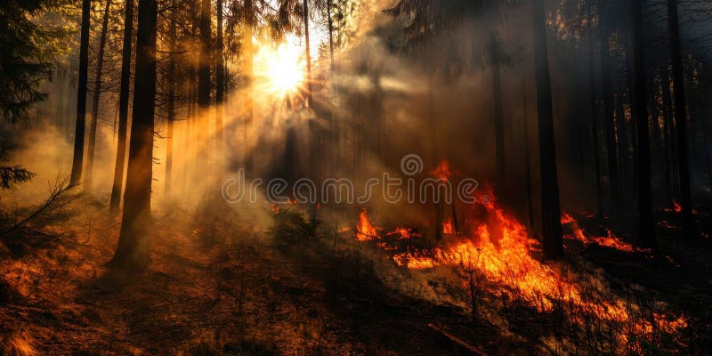Intense Forest Fire Raging at Sunset Creating Dramatic Light and Shadow ...