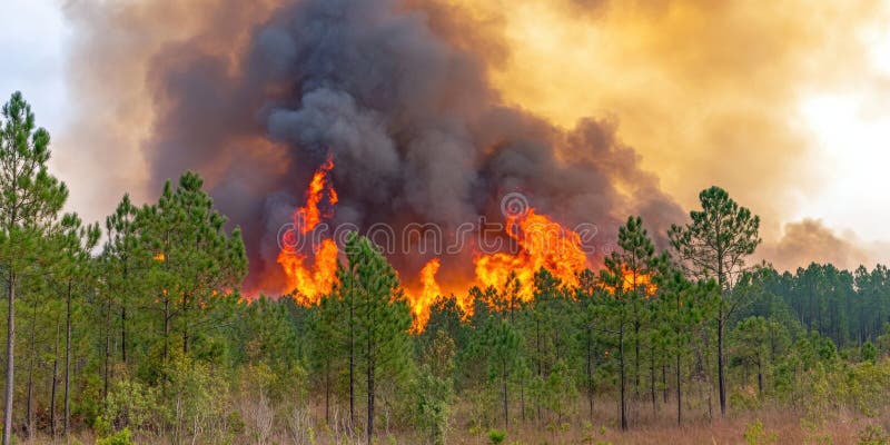 Intense Forest Fire Raging among Trees with Billowing Smoke and Flames ...