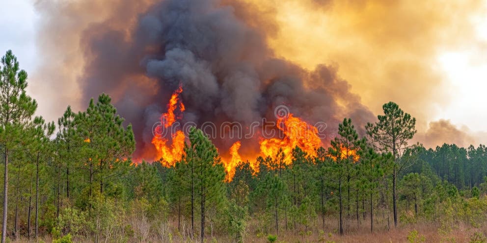 Intense Forest Fire Raging among Trees with Billowing Smoke and Flames ...