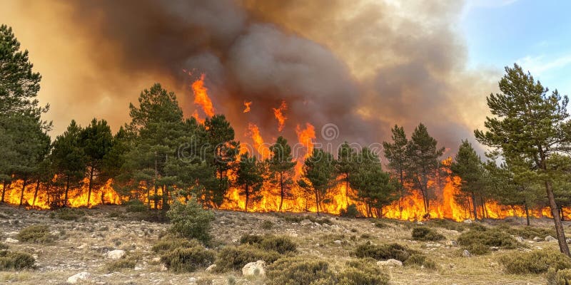 Intense Forest Fire Ravaging a Pine Forest with Intense Flames and ...