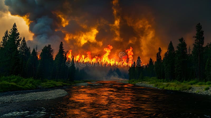 Intense Forest Fire Scene with River and Dramatic Smoke in Nature Stock ...