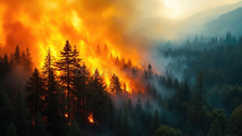 Intense Forest Fire with Smoke in Evergreen Trees and Mountain ...