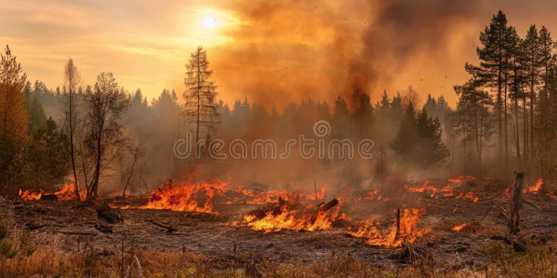 Intense Forest Fire with Smoke and Flames in Wilderness Environment ...
