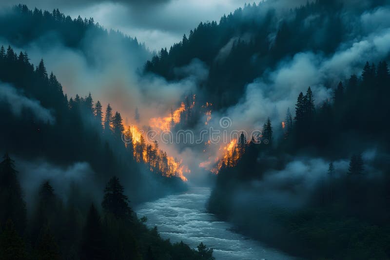 Intense Forest Fire Spreading through Misty Valley with Dense Smoke and ...