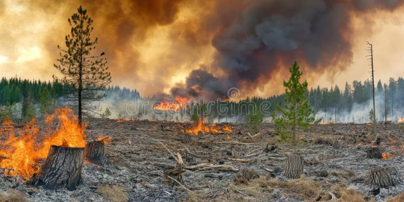 Intense Forest Fire with Thick Smoke in a Burned Landscape and Charred ...