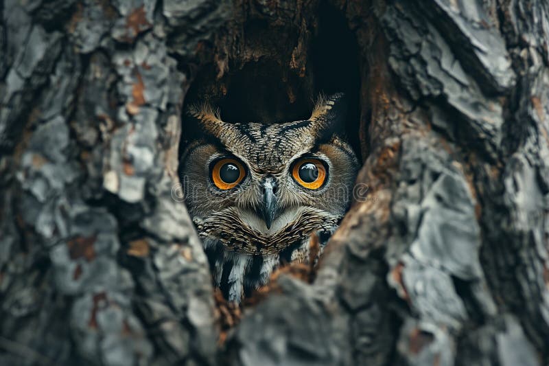 Intense Gaze of Owl in Tree Hollow Stock Image - Image of attention ...