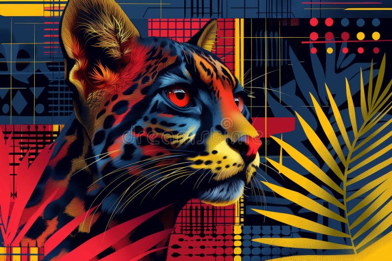 Intense Gaze of a Stylized Leopard with an Abstract Geometric Backdrop ...