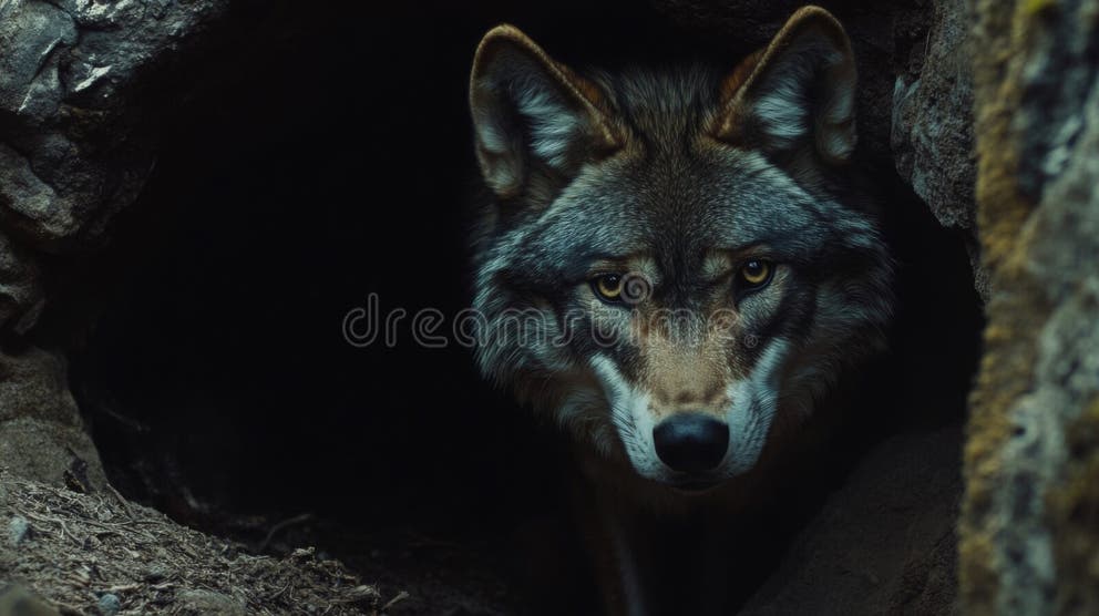 Intense Gray Wolf Emerging from Dark Cave Stock Illustration ...