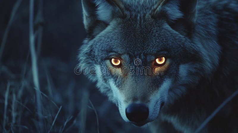 Intense Grey Wolf Portrait at Night in Dark Forest Stock Illustration - Illustration of gaze ...