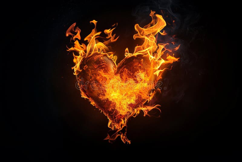 Intense Heart Shape Engulfed in Flames on Black Background: a Striking Visual Stock Photo ...