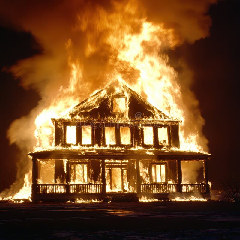 An Intense House Fire Rages with Flames Consuming the Entire Structure ...