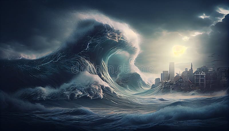 An Intense Illustration Depicting a Devastating Tsunami Rapidly ...