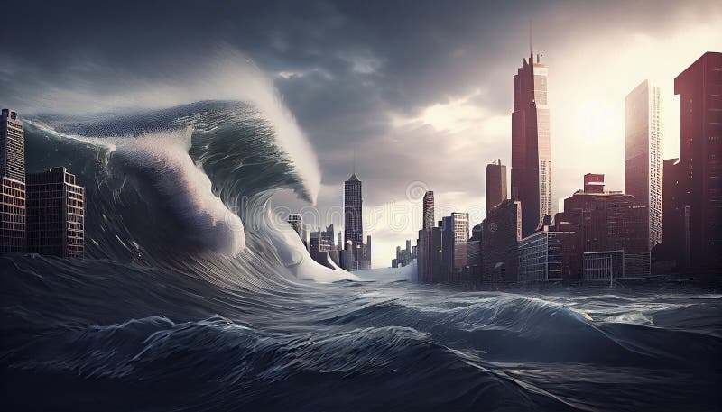An Intense Illustration Depicting a Devastating Tsunami Rapidly ...