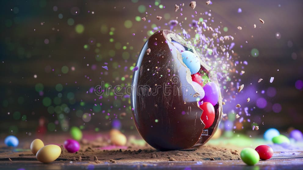 Intense Image of a Chocolate Egg Shattering with Vividly Colored Easter Eggs Inside Stock ...