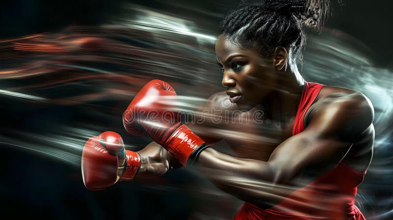 Powerful Female Boxer in Red Gloves Delivering a Punch with Dynamic ...