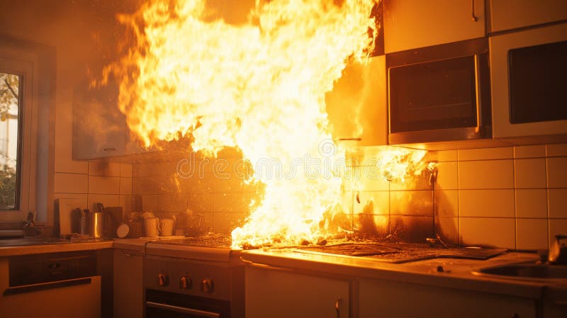 Intense Kitchen Fire with Flames Engulfing a Stovetop, Highlighting the ...