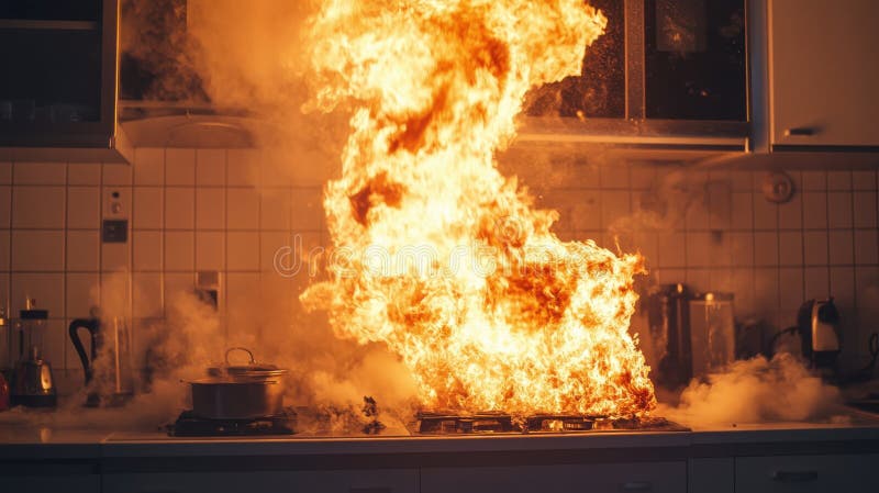 Intense Kitchen Fire with Flames Engulfing a Stovetop, Highlighting the ...