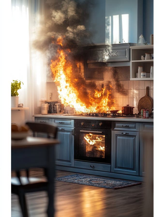 Intense Kitchen Fire with Flames and Smoke in Modern Home Interior ...