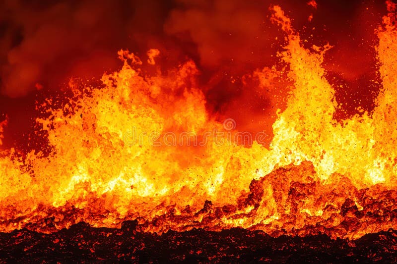 Intense Lava Flow and Flames Creating a Dramatic Volcanic Eruption ...