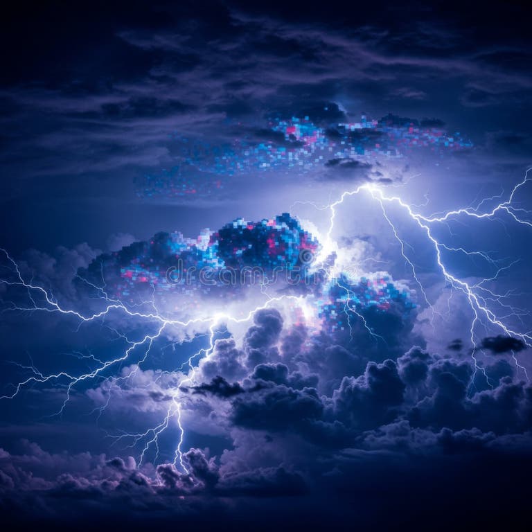 Intense Lightning Storm at Night with Glitching Pixels Stock ...