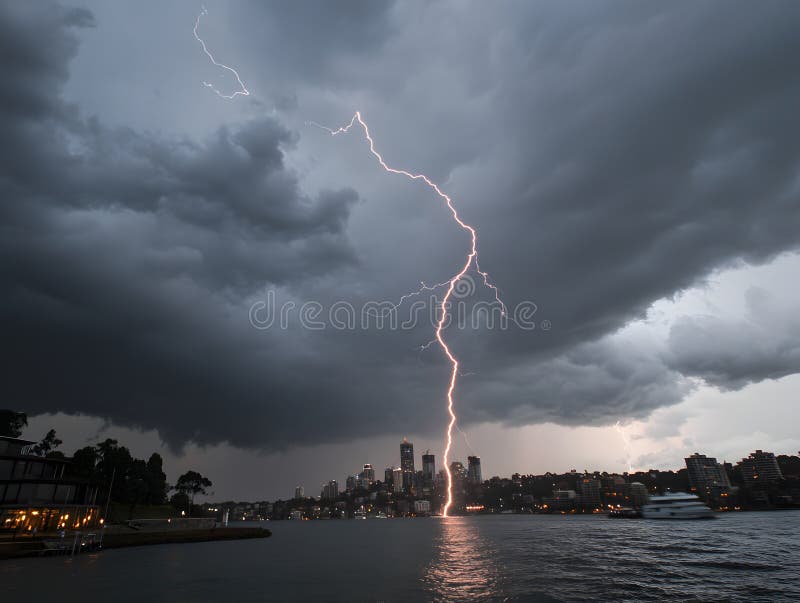 Intense Lightning Storm Over City Skyline with Dark Clouds and Water ...